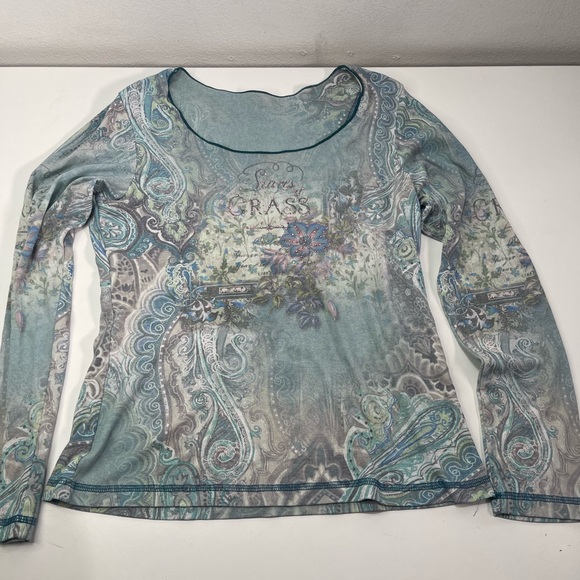 Tops | Vintage Y2k Long Sleeve Top M Tattoo Blue Paisley Embellished ...